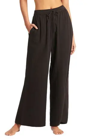 SEA LEVEL Sunset Beach High Waist Cotton Gauze Cover-up Pants - Black