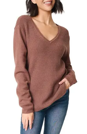 GIBSONLOOK V-neck Long Sleeve Ribbed Sweater - Cinnamon