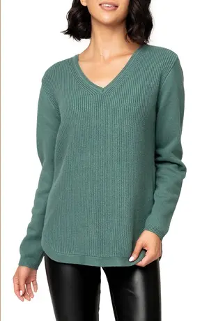 GIBSONLOOK V-Neck Long Sleeve Ribbed Sweater Teal