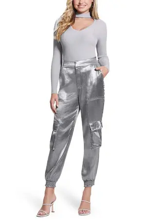 Guess Soundwave Textured Satin Cargo Trousers - Gunmetal Multi