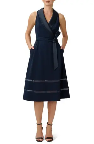 Adrianna Papell Satin Trim Crepe Midi Tuxedo Dress