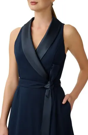 Adrianna Papell Satin Trim Crepe Midi Tuxedo Dress