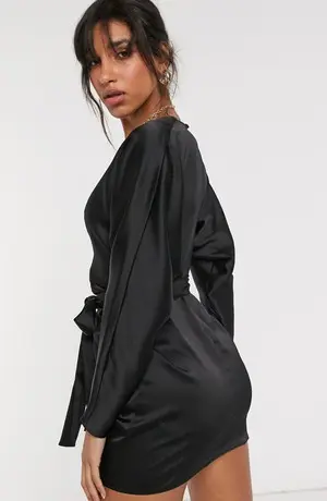 Asos Batwing Long Sleeve Faux Wrap Satin Mini Dress