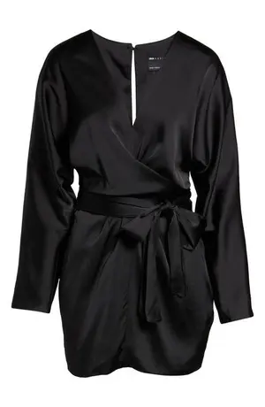 Asos Batwing Long Sleeve Faux Wrap Satin Mini Dress