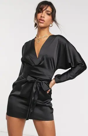 Asos Batwing Long Sleeve Faux Wrap Satin Mini Dress
