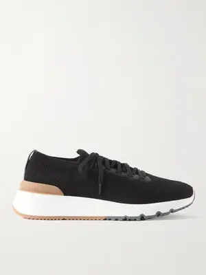 Brunello Cucinelli Leather-trimmed Stretch-knit Sneakers - Black