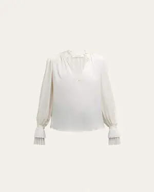 FRAME V-Neck Pleated Cuff Top - Off White