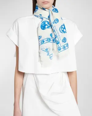 Alexander McQueen Skull Wool Scarf Ivory Blue