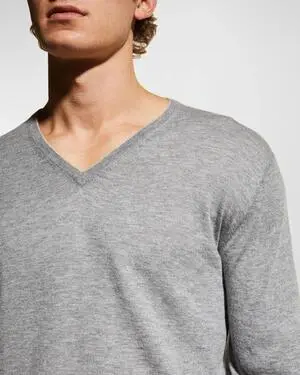 Neiman Marcus Extra Lightweight Wool-cashmere V-neck Sweater - Light Grey