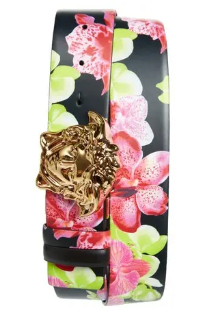 Versace Medusa Head Buckle Orchid Print Leather Belt