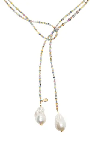 JOIE DIGIOVANNI Rainbow Sapphire Diamond Baroque Pearl Lariat Necklace