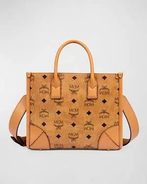 Mcm Munchen Small Monogram Top-handle Bag - Cognac