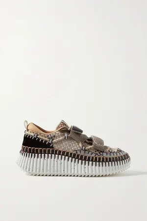 Chloé Net Sustain Nama Mesh And Embroidered Suede Sneakers