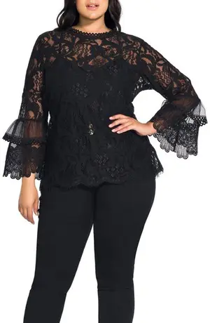 City Chic Allover Lace Cotton Blend Blouse With Sheer Sleeves