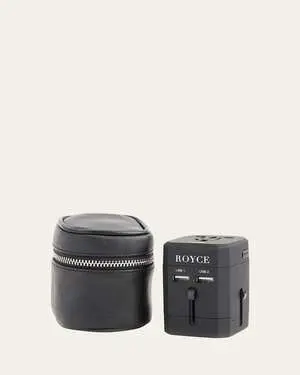 ROYCE NEW YORK International Travel Adapter & Monogrammed Leather Case Set - Black