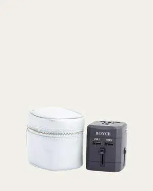 ROYCE NEW YORK International Travel Adapter & Monogrammed Leather Case Set Silver