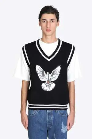3.PARADIS Knit Vest V-neck Black Cotton Knit Vest With Dove Unity Vest