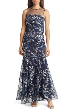 Eliza J Floral Sequin Embroidered Sheer Yoke Gown