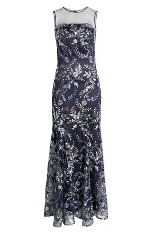 Eliza J Floral Sequin Embroidered Sheer Yoke Gown