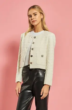 English Factory Houndstooth Crop Jacket - Ivory