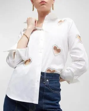 Alice + Olivia Finely Embellished Button-front Heart Cutout Shirt - Ecru