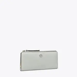 Tory Burch Robinson Pebbled Zip Slim Wallet - Light Granite