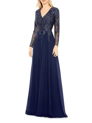 Mac Duggal Embellished Illusion V-neck Gown - Navy