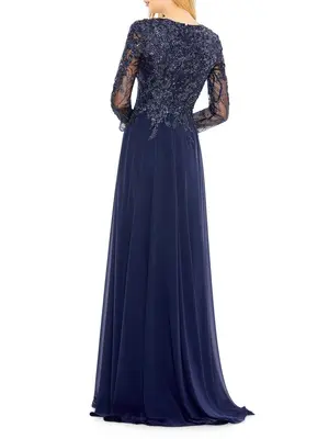 Mac Duggal Embellished Illusion V-neck Gown - Navy