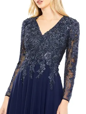 Mac Duggal Embellished Illusion V-neck Gown - Navy