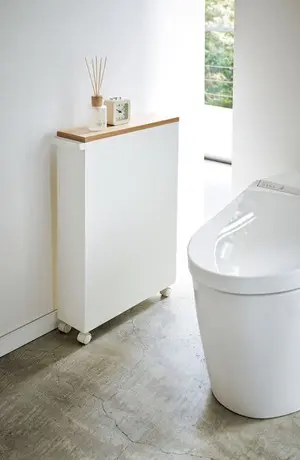 YAMAZAKI Tower Slim Rolling Bathroom Cabinet - White