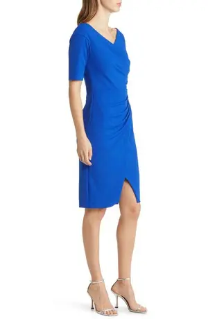 Tadashi Shoji Ruched Crepe Sheath Dress - Mystic Blue