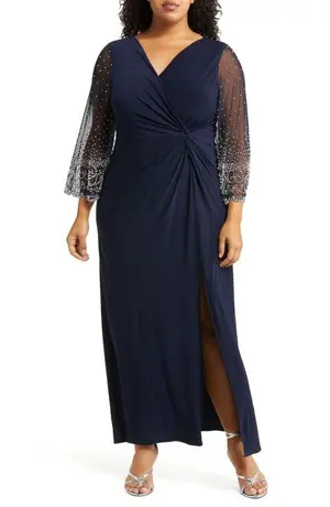 Alex Evenings Long Sleeve Surplice Neck Evening Dress