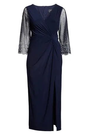 Alex Evenings Long Sleeve Surplice Neck Evening Dress