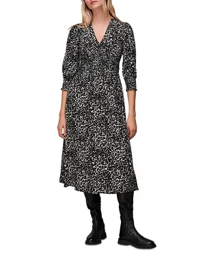 Whistles Shadow Leopard Print Shirred Dress - Black/multi