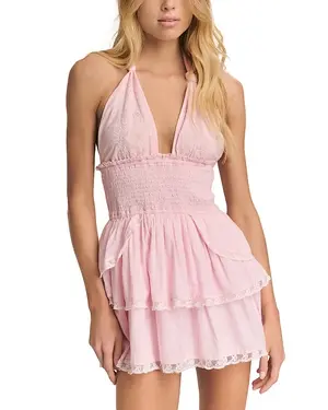 LoveShackFancy Deanna Cotton Halter Mini Dress - Pink