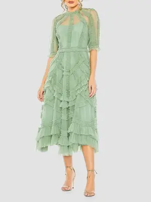 Mac Duggal High-neck Gathered Tulle Midi-dress - Jade