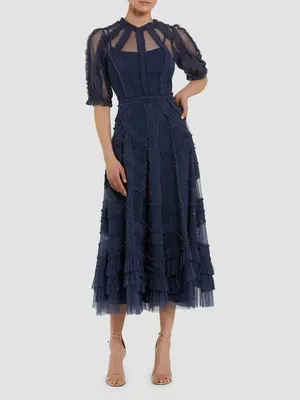 Mac Duggal High-neck Gathered Tulle Midi-dress - Midnight