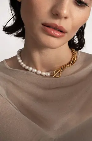 ST. MORAN Freshwater Pearl & Curb Chain Necklace - White/gold