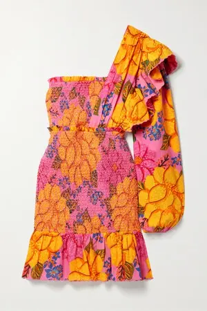 Farm Rio One-sleeve Smocked Floral-print Cotton-voile Mini Dress