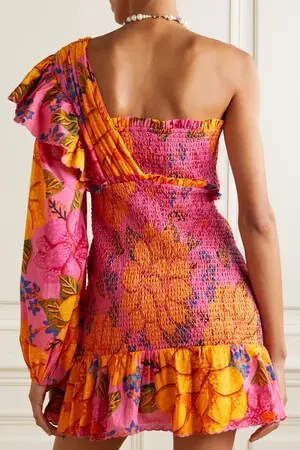 Farm Rio One-sleeve Smocked Floral-print Cotton-voile Mini Dress