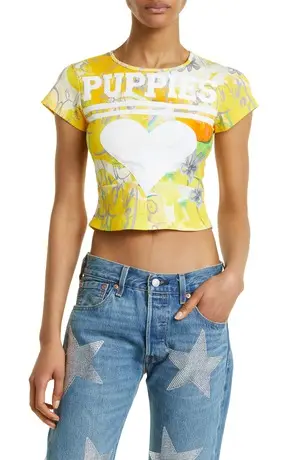 Collina Strada Logo Floral Print Cotton T-shirt Puppies