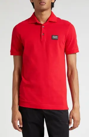 Dolce & Gabbana Logo Plate Cotton Piqué Polo - Bright Red