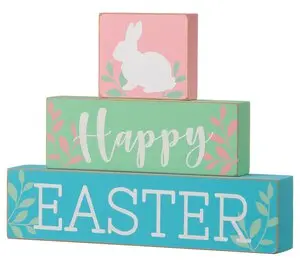 GLITZHOME Happy Easter Pastel Stacked Blocks Ta Le Top Decor - One-color