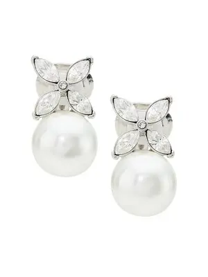 KENNETH JAY LANE Rhodium-plated, Glass Crystal, & Faux Flower Clip-on Earrings - Pearl