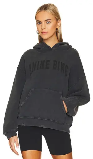ANINE BING Harvey Distressed Organic Cotton Logo Hoodie - Dark Washed Black