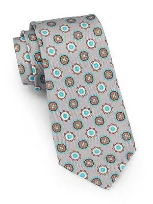 Kiton Geometric Floral Silk Tie Gray Aqua