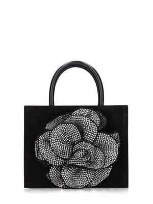 Mach & Mach Flower Satin & Crystal Top Handle Bag - Black