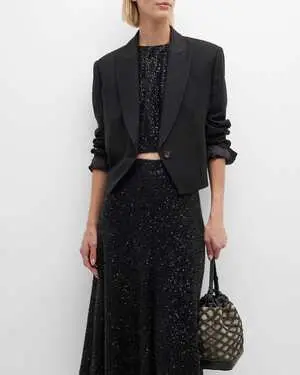 Brunello Cucinelli Monili-trim Single-breasted Linen Twill Crop Blazer Jacket - C101 Nero