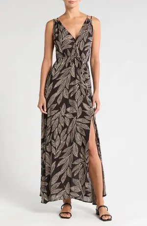 Elan Crinkle Gauze Cover-up Maxi Dress Black Catagena Print