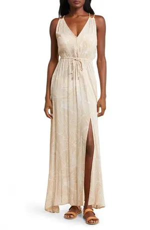 Elan Crinkle Gauze Cover-up Maxi Dress - Tan/white Tropics